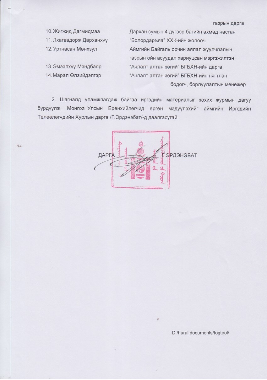 Монгол Улсын цол одон медальд уламжлах тухай