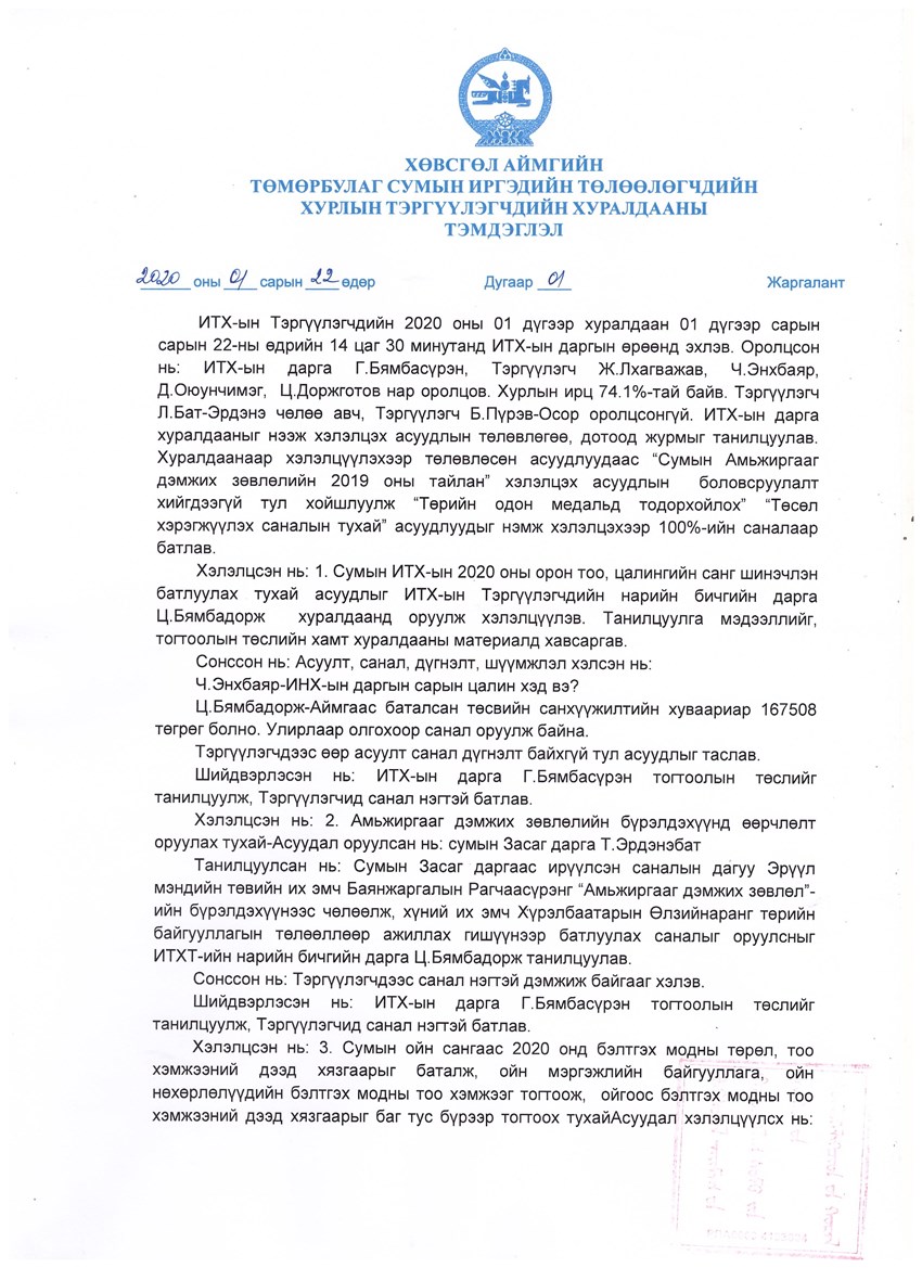 ИТХ ын Тэргүүлэгчдийн 2020 оны 01 дүгээр хуралдааны тэмдэглэл 2020 01 22