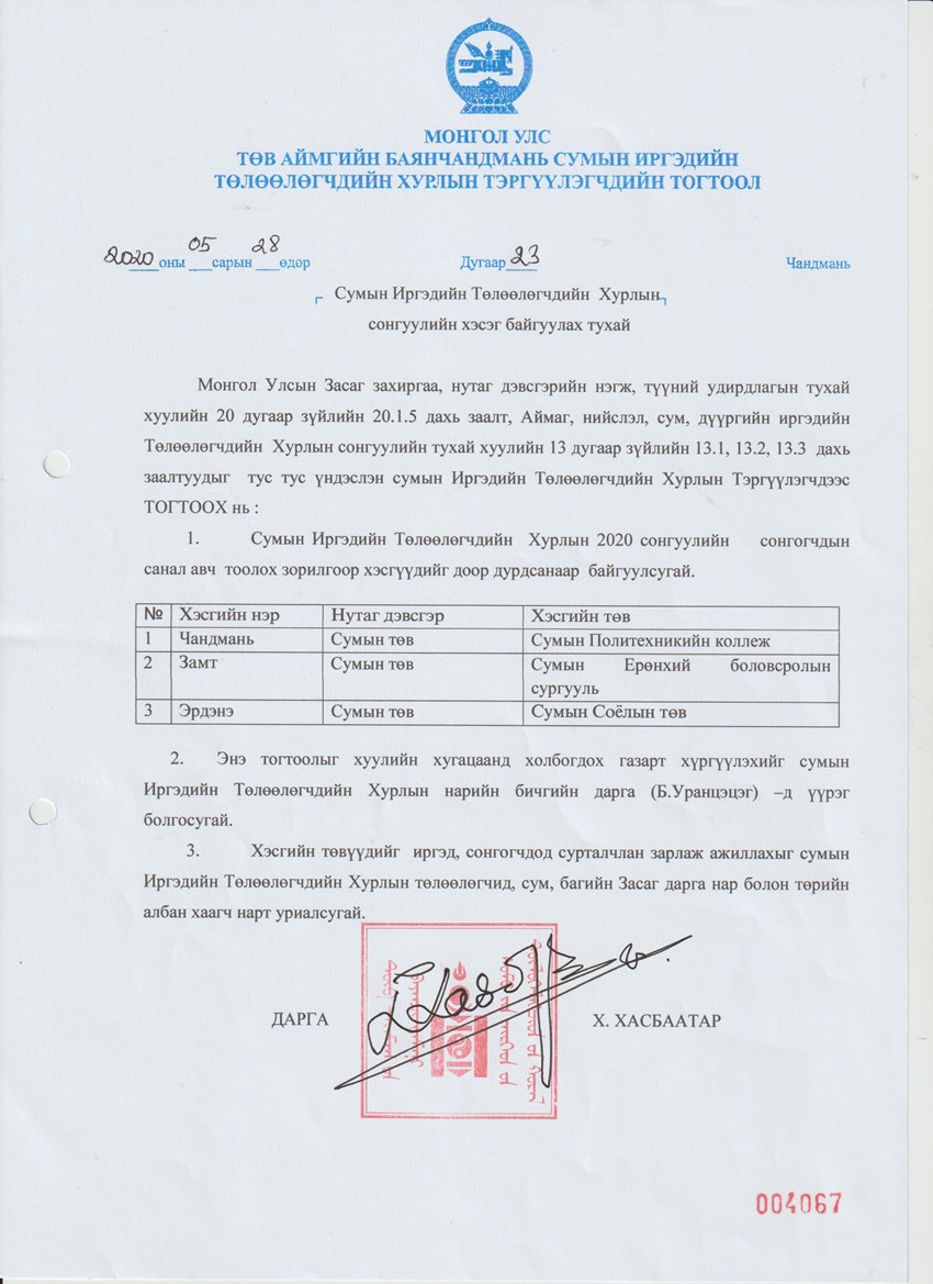 Орон нутгийн Хурлын сонгуулийн хэсэг байгуулах тухай