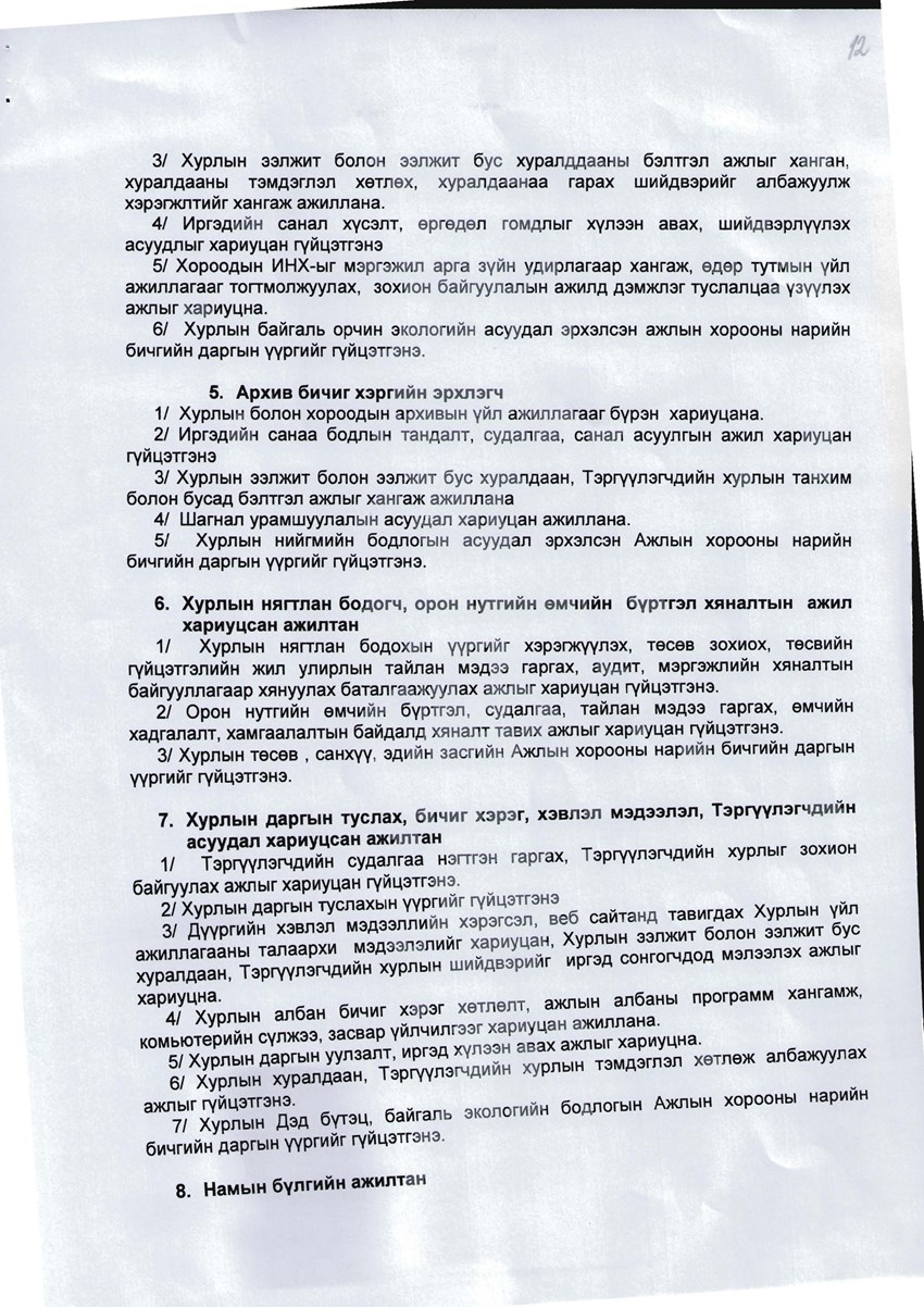 АЖЛЫН АЛБАНЫ БҮТЭЦ ОРОН ТОО АЖИЛТНУУДЫН АЖИЛ ҮҮРГИЙН ХУВААРЬ