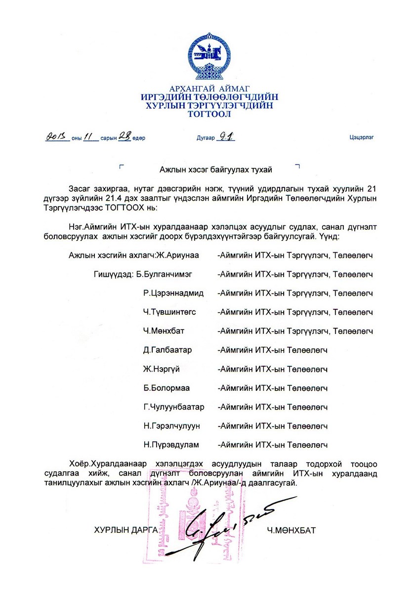 Ажлын хэсэг байгуулах тухай