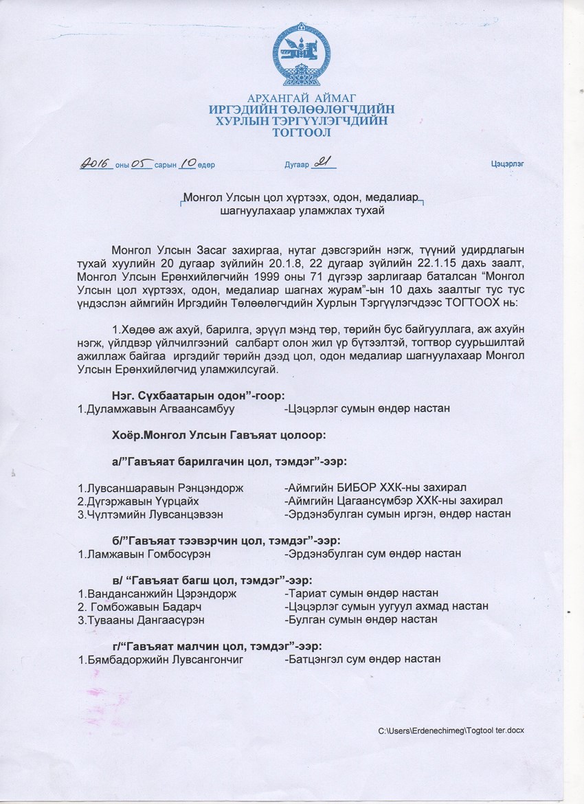 №21 МОНГОЛ УЛСЫН ЦОЛ ХҮРТЭЭХ ОДОН МЕДАЛИАР ШАГНУУЛАХААР УЛАМЖЛАХ ТУХАЙ