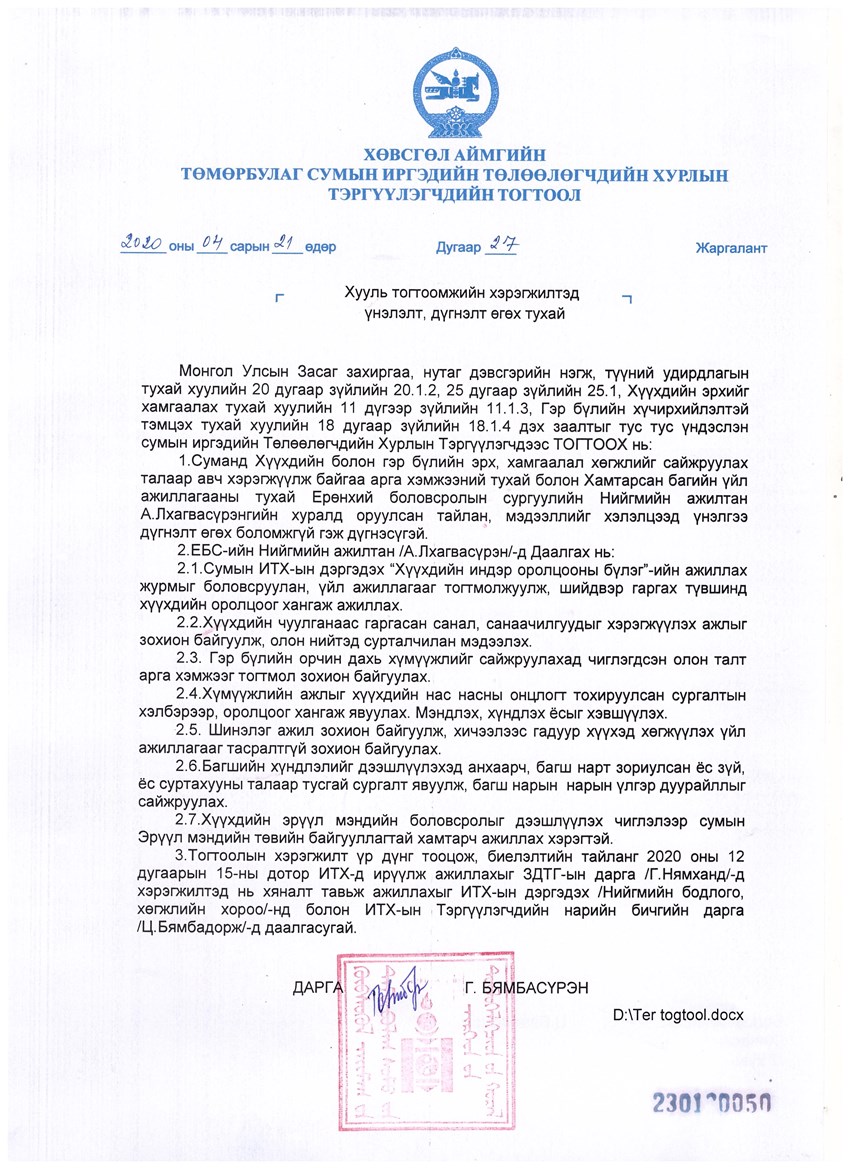 ИТХ ын Тэргүүлэгчдийн 06 дугаар хуралдааны тогтоол 2020 04 21