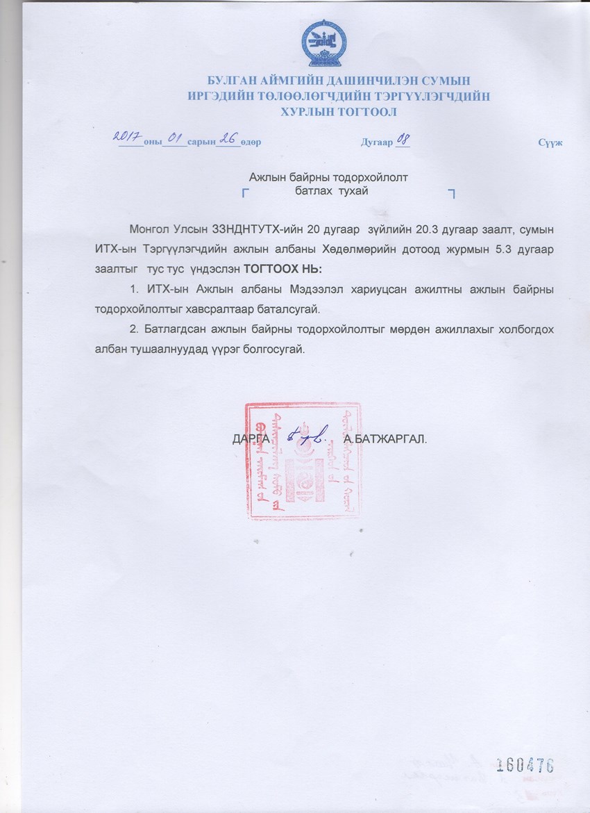 ТОГТООЛ№ 08 АЖЛЫН БАЙРНЫ ТОДОРХОЙЛОЛТ БАТЛАХ ТУХАЙ