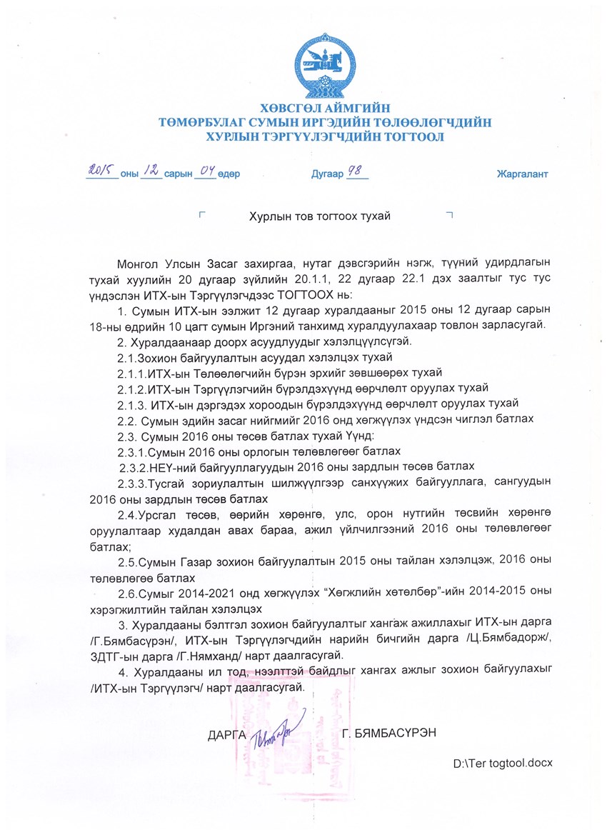 ИТХ ын Тэргүүлэгчдийн 20 дугаар хурлын тогтоол