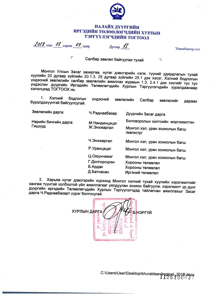 САЛБАР ЗӨВЛӨЛ БАЙГУУЛАХ ТУХАЙ №13