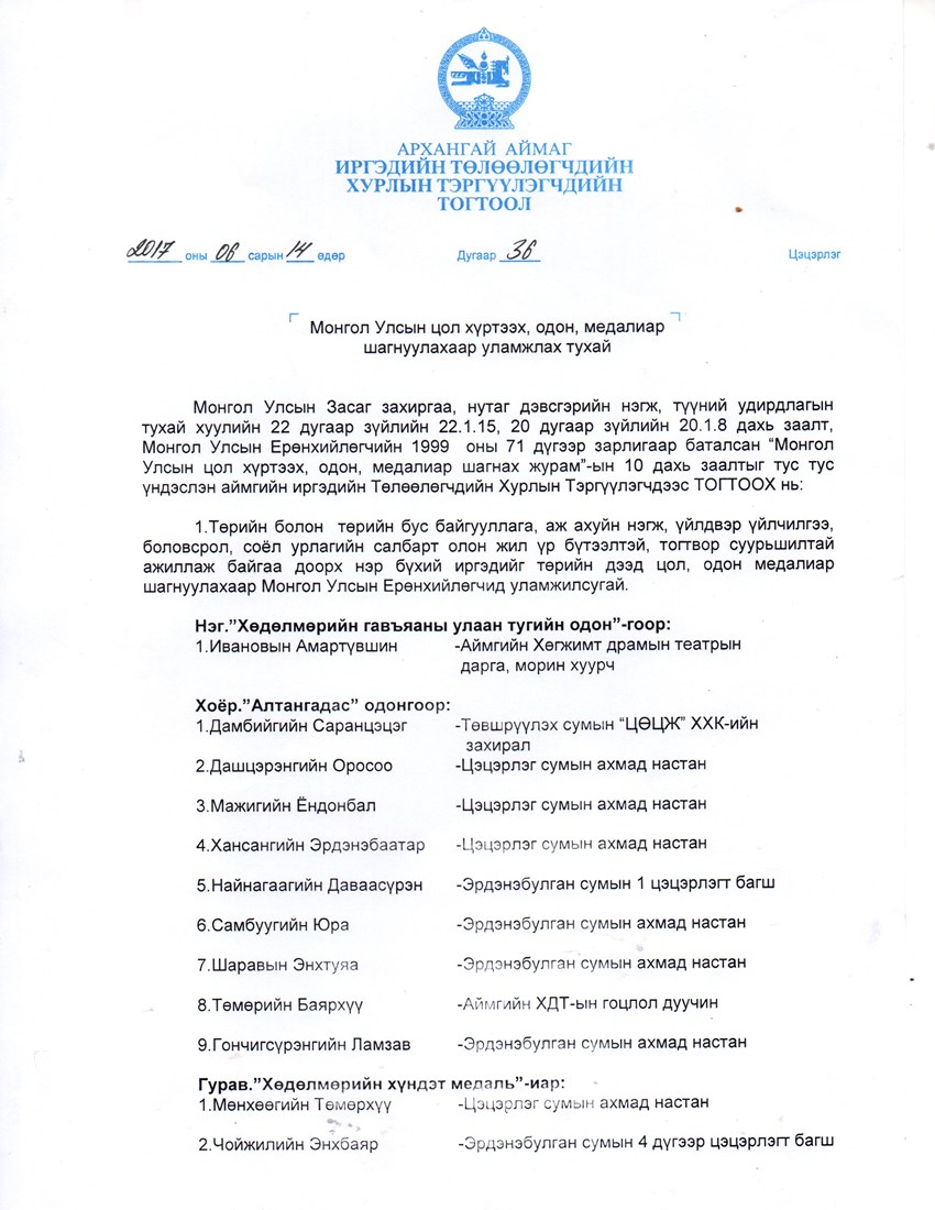 №36 Монгол улсын цол хүртээх одон медалиар шагнуулахаар уламжлах тухай