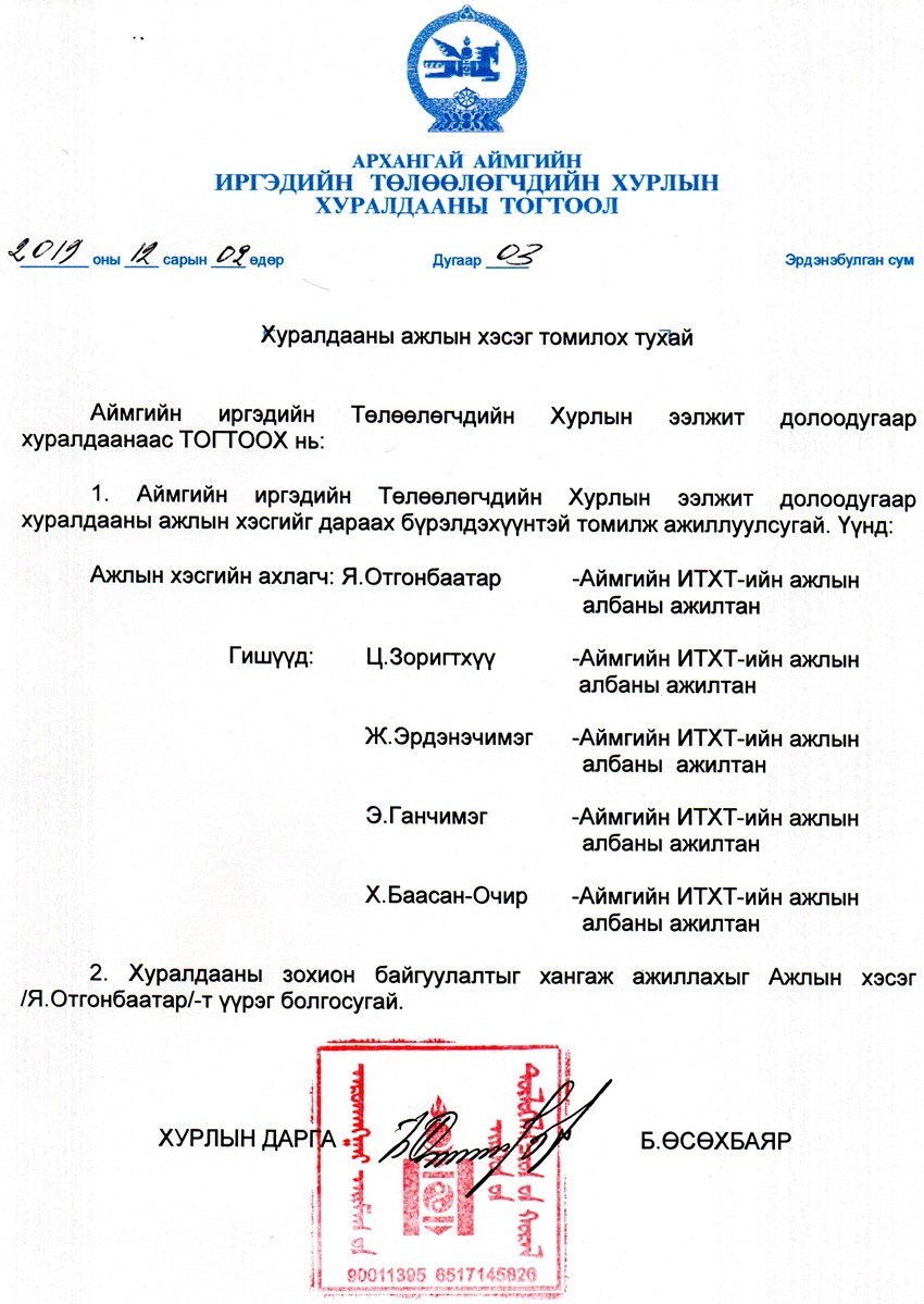 №03 Хуралдааны ажлын хэсэг томилох тухай