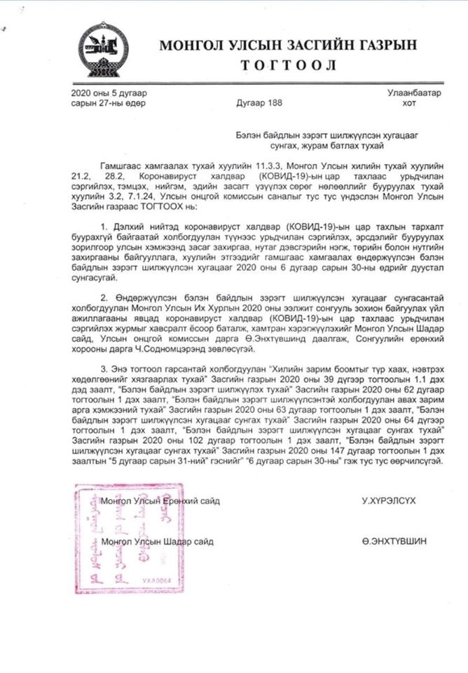 ЗАСГИЙН ГАЗРЫН 2020 ОНЫ 188 ДУГААР ТОГТООЛООР СОНГУУЛИЙН ҮЕЭР