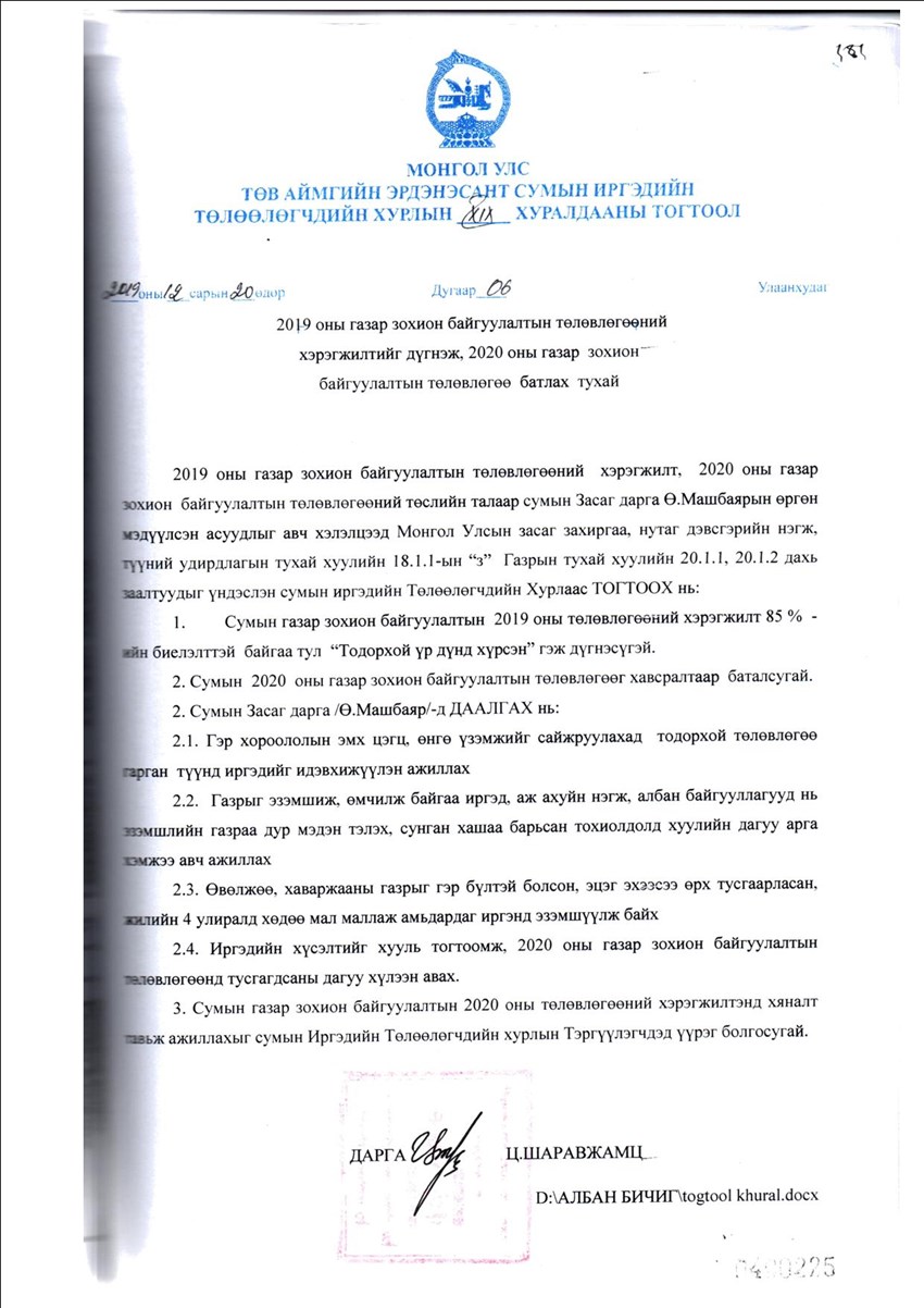 2019 оны газар зохион байгуулалтын төлөвлөгөөний хэрэгжилтийг дүгнэж