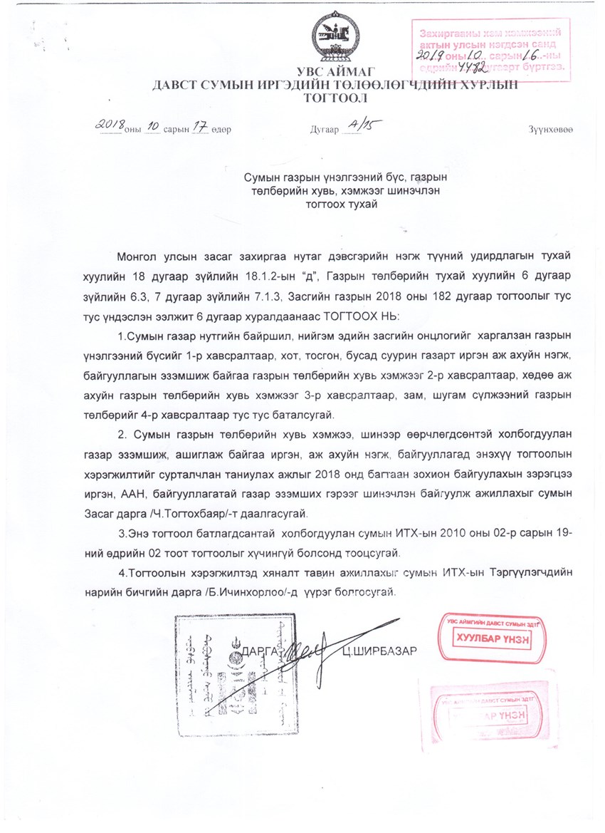 ГАЗРЫН ҮНЭЛГЭЭНИЙ БҮС ГАЗРЫН ТӨЛБӨРИЙН ХУВЬ ХЭМЖЭЭ ТОГТООХ ТУХАЙ