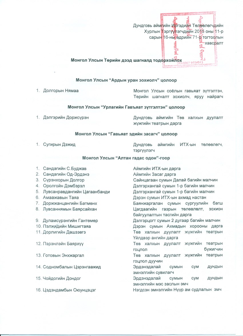 Монгол улсын төрийн дээд шагналаар шагнуулах тухай