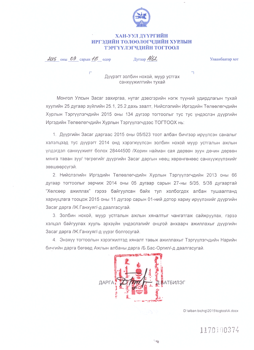 Дүүргийн золбин нохой муур устгах санхүүжилтийн тухай А62
