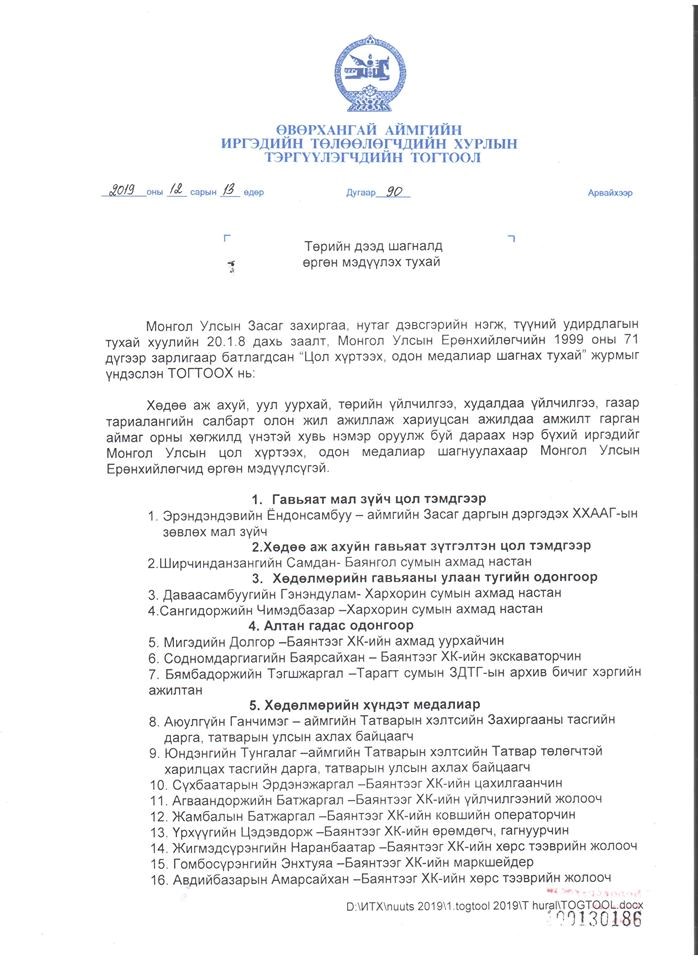 Төрийн дээд шагналд уламжлах тухай 2019 оны 12 сарын 13 ны 90 дүгээр
