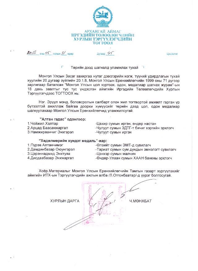Төрийн дээд шагналд уламжлах тухай