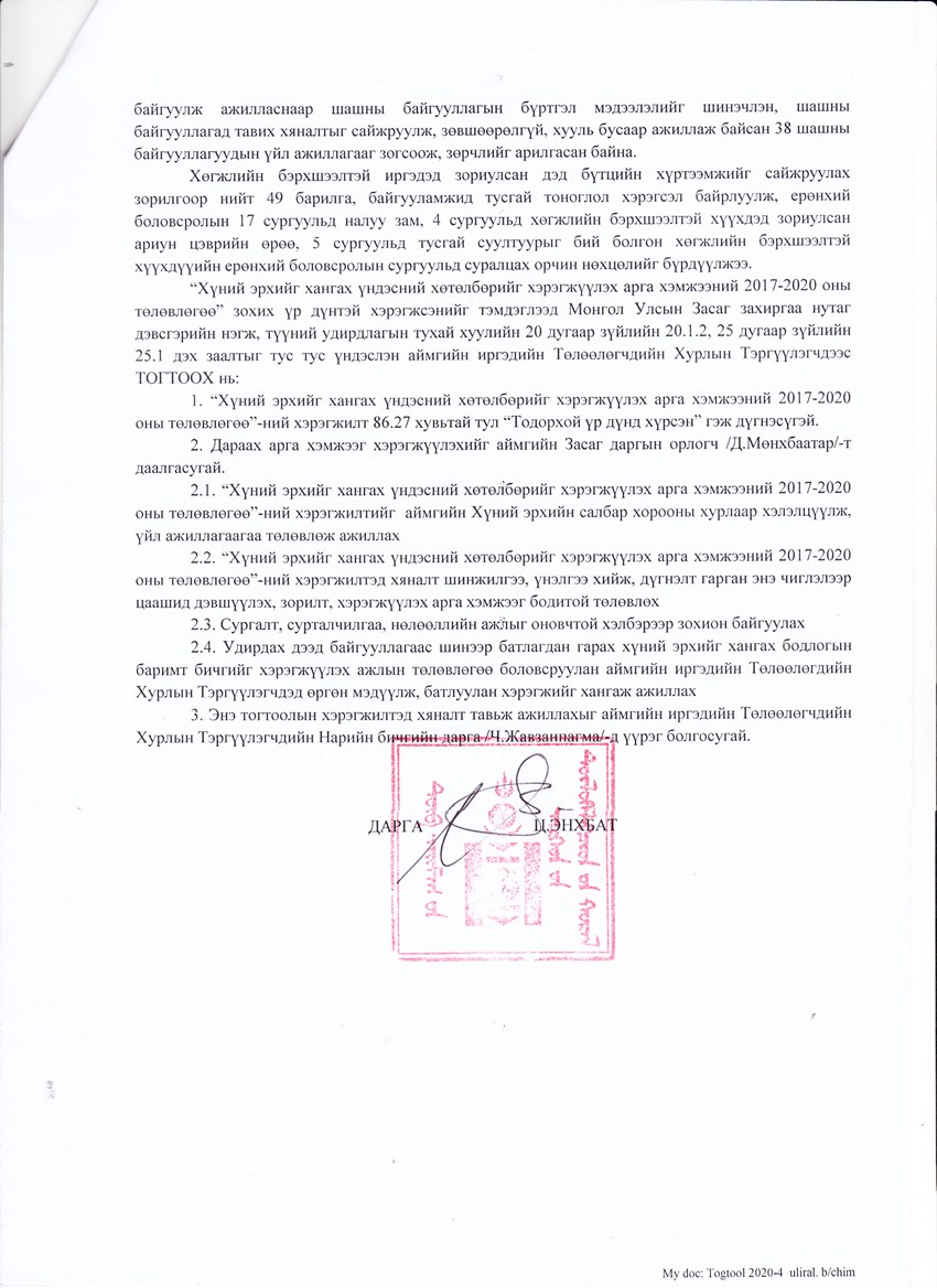 Хүний эрхийг хангах үндэсний хөтөлбөрийг хэрэгжүүлэх 2017 2020 оны