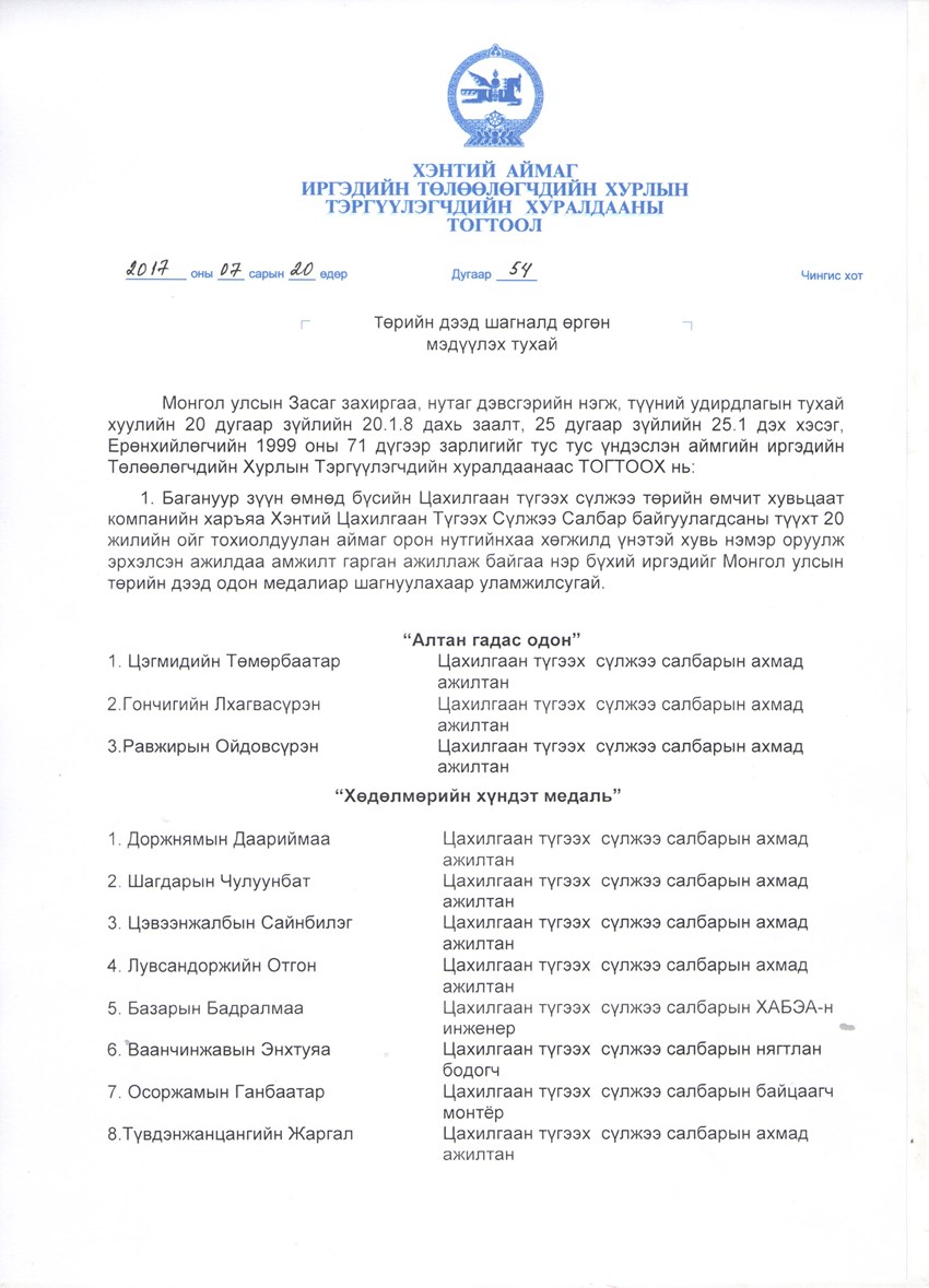 Төрийн дээд шагналд өргөн мэдүүлэх тухай 2017 07 20 №54