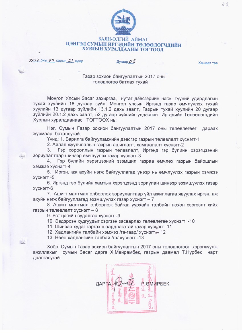 ГАЗАР ЗОХИОН БАЙГУУЛАЛТЫН 2017 ОНЫ ТӨЛӨВЛӨГӨӨ БАТЛАХ ТУХАЙ