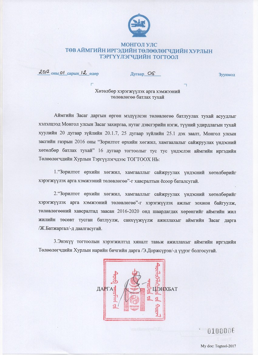 Хөтөлбөр хэрэгжүүлэх арга хэмжээний төлөвлөгөө батлах тухай