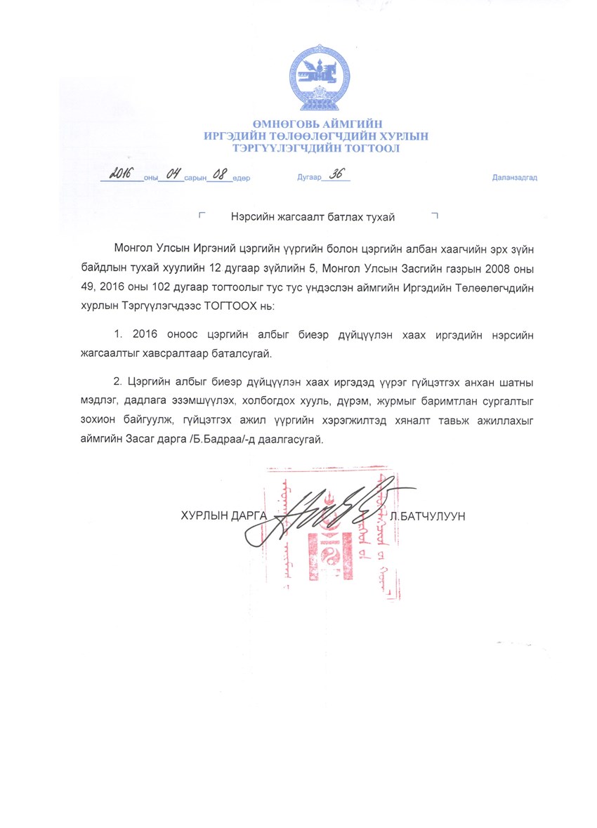 НЭРСИЙН ЖАГСААЛТ БАТЛАХ ТУХАЙ