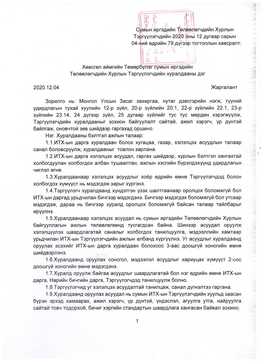 ИТХ ын Тэргүүлэгчдийн 16 дугаар хуралдааны тогтоол 2020 12 04