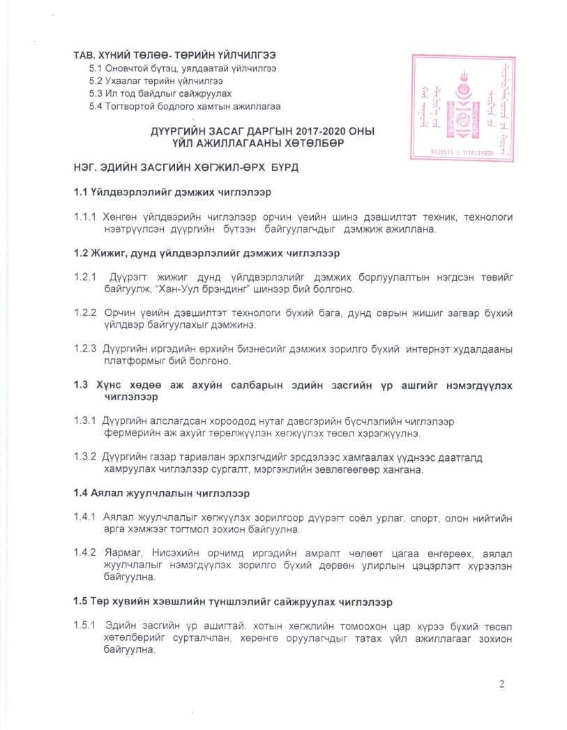 Дүүргийн эдийн засаг нийгмийг 2017 2020 онд хөгжүүлэх Засаг даргын үйл