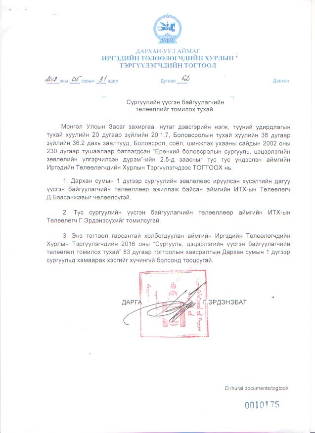 Сургуулийн үүсгэн байгуулагчийн төлөөллийг томилох тухай
