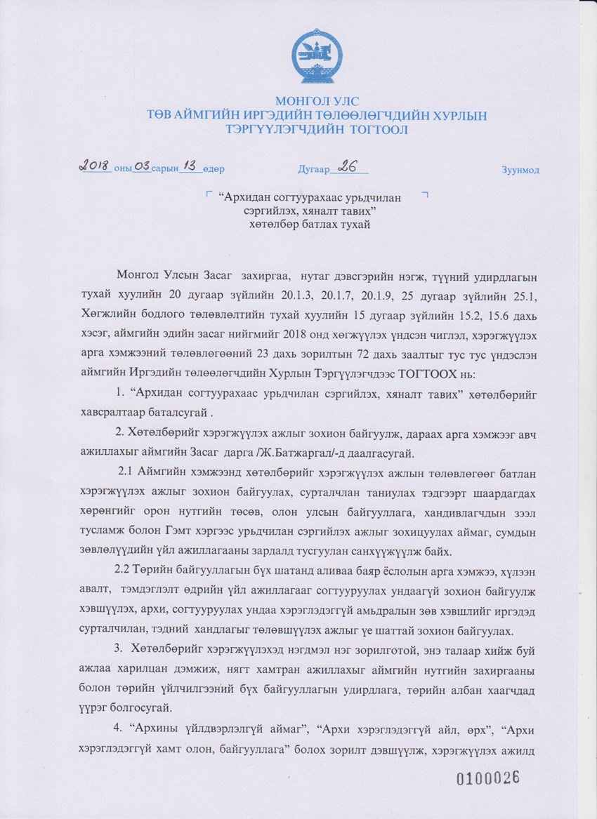 Архидан согтуурахаас урьдчилан сэргийлэх хяналт тавих хөтөлбөр батлах
