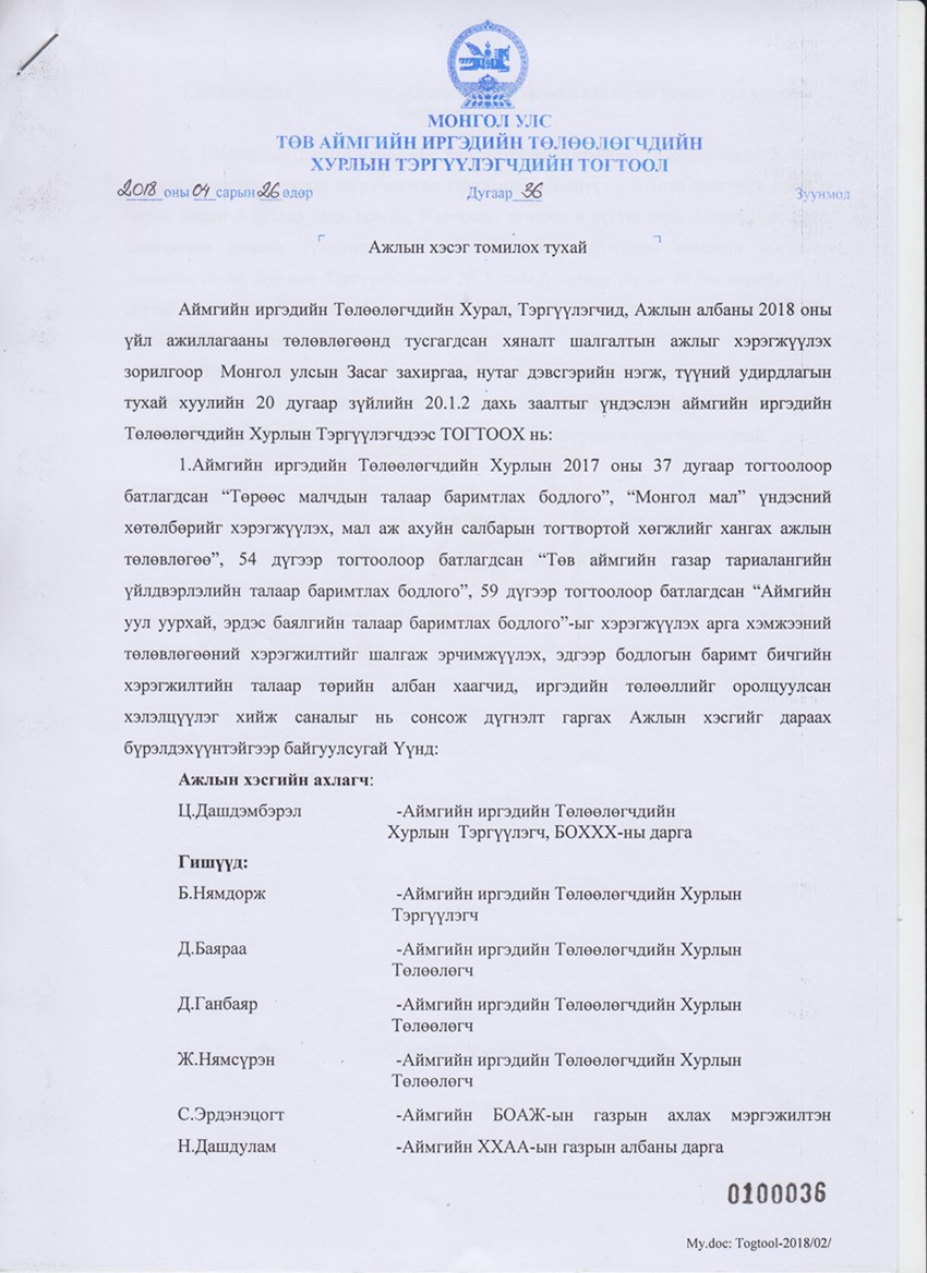 Ажлын хэсэг томилох тухай БОХХХороо