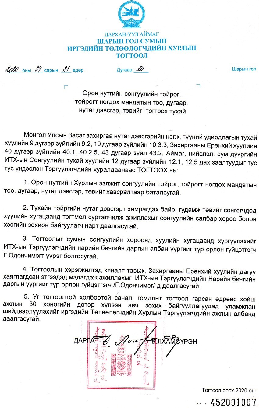 Орон нутгийн сонгуулийн тойрог тойрогт ногдох мандатын тоо дугаар