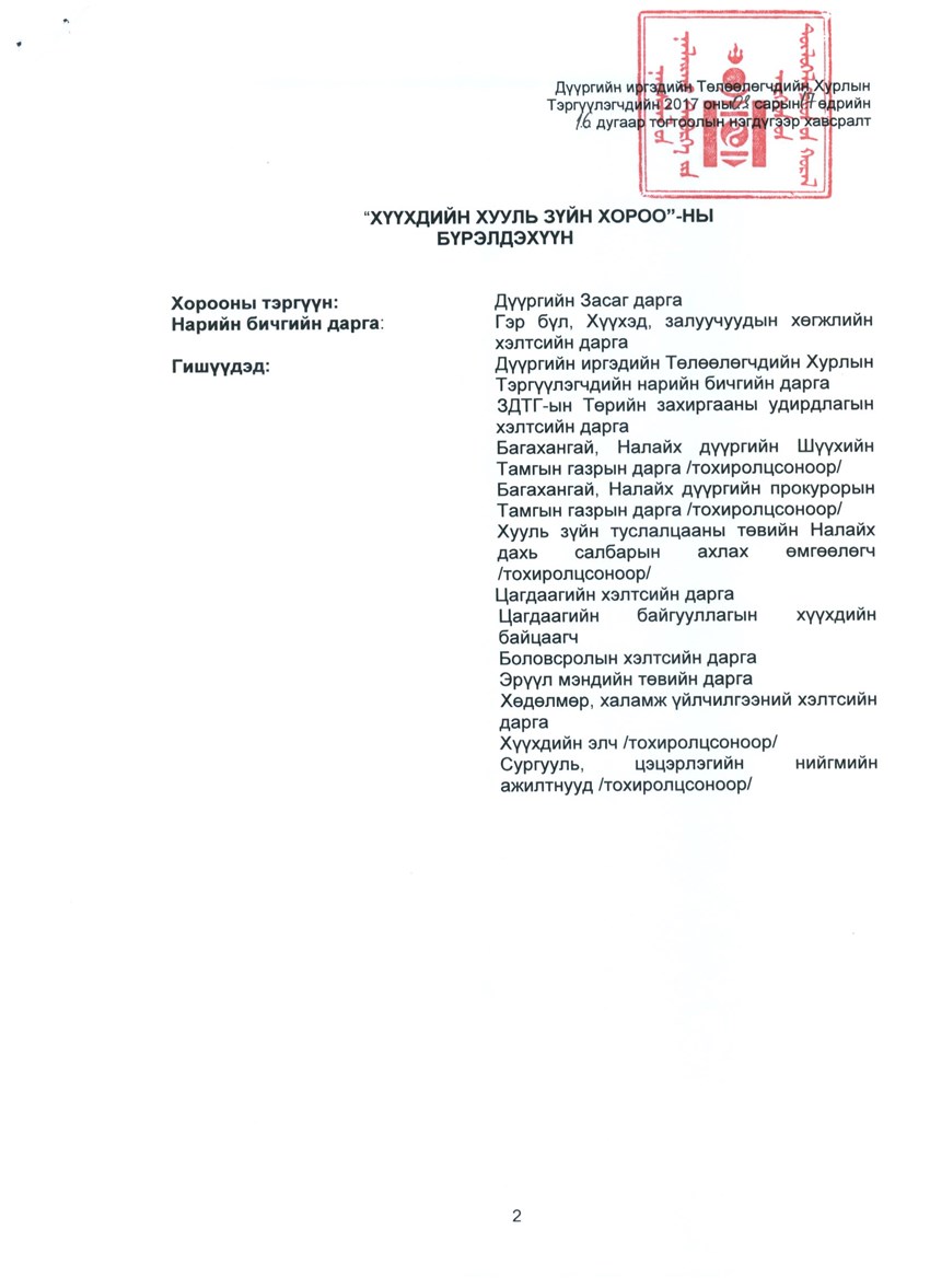 Хүүхдийн хууль зүйн хорооны бүрэлдэхүүнийг шинэчлэн батлах тухай №16