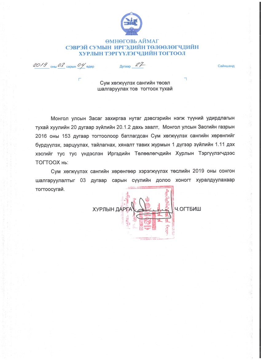 Сум хөгжүүлэх сангийн зээл хэлэлцэх хугацаа товлох тухай