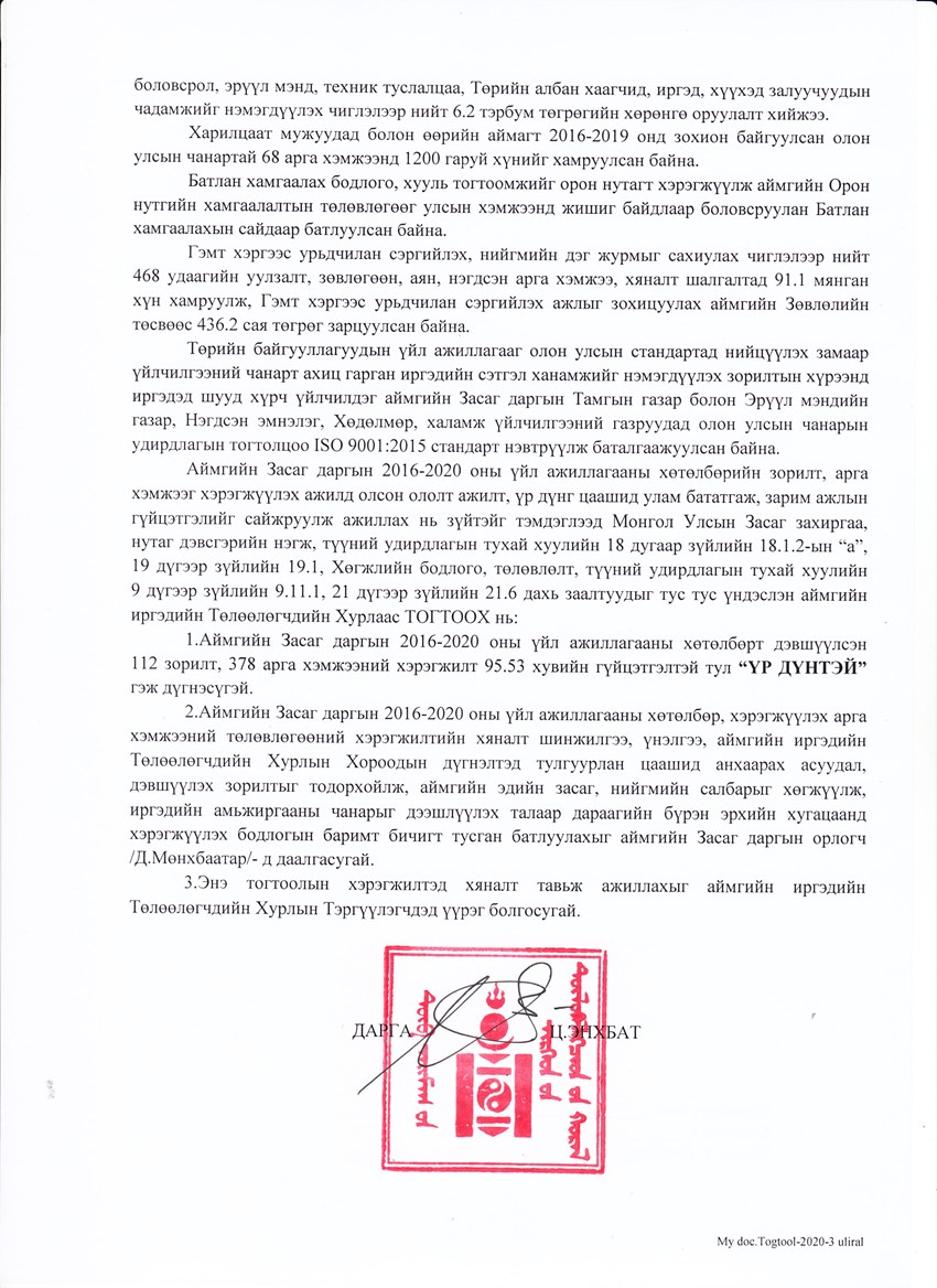 Аймгийн Засаг даргын 2016 2020 оны үйл ажиллагааны хөтөлбөрийн