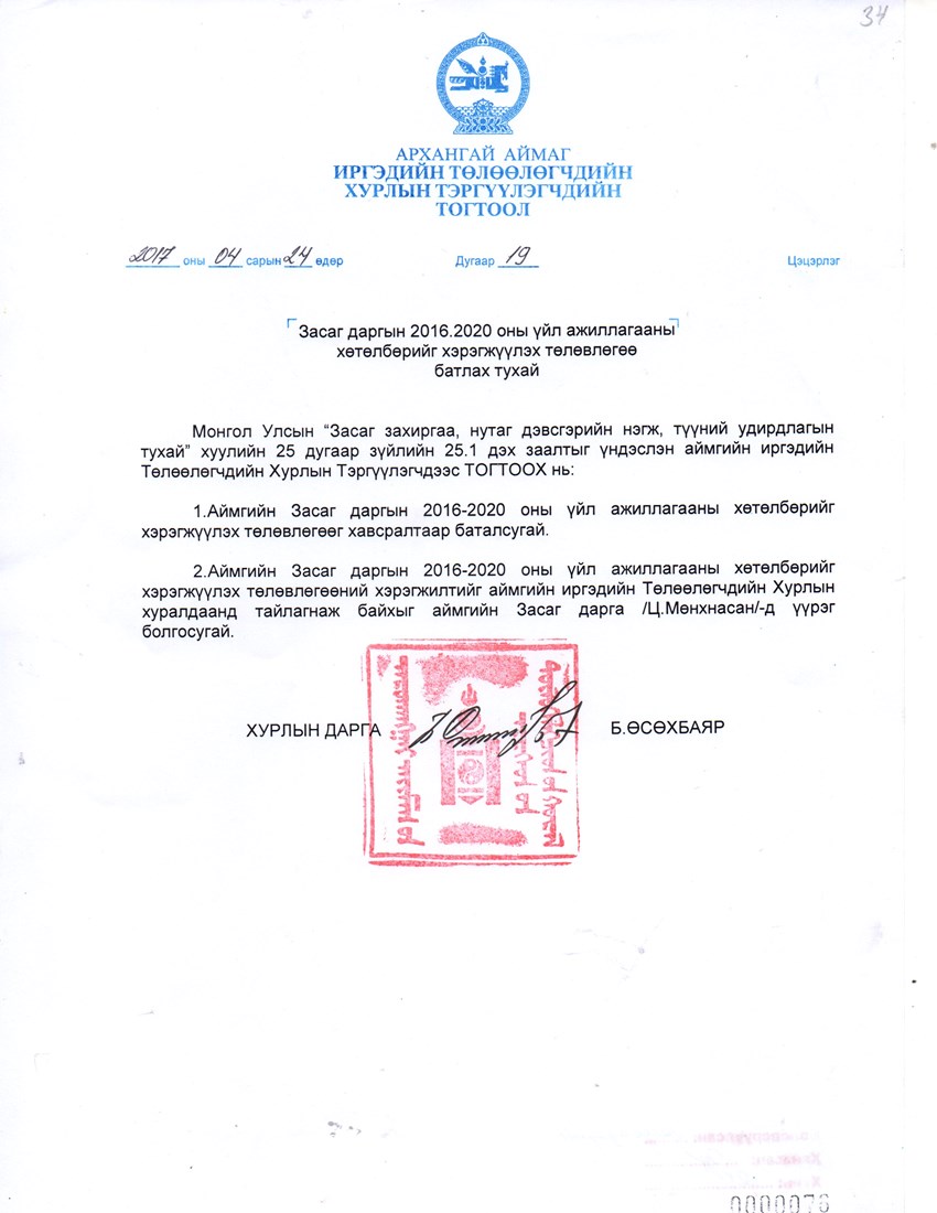 №19 ЗАСАГ ДАРГЫН 2016 2020 ОНЫ ҮЙЛ АЖИЛЛАГААНЫ ХӨТӨЛБӨРИЙГ ХЭРЭГЖҮҮЛЭХ