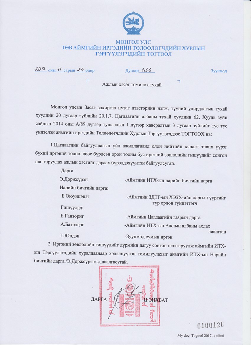 Ажлын хэсэг байгуулах тухай Иргэний зөвлөлийн бүрэлдэхүүнийг сонгон