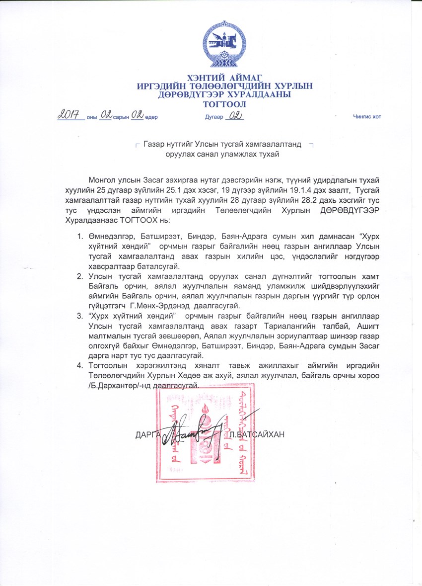 Газар нутгийг Улсын тусгай хамгаалалтанд оруулах санал уламжлах тухай